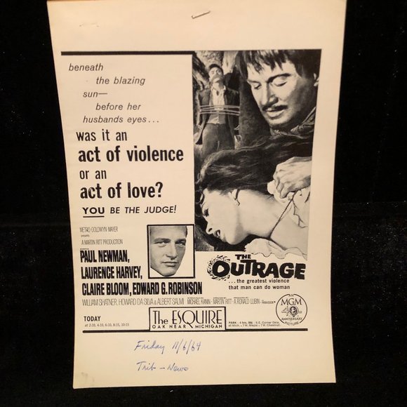 Art | 1964 Outrage Movie Press Sheet Paul Newman Laurence Harvey Claire ...